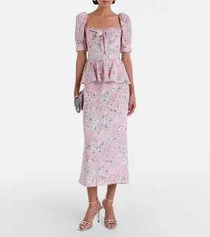 Alessandra Rich Floral Peplum Silk Midi Dress