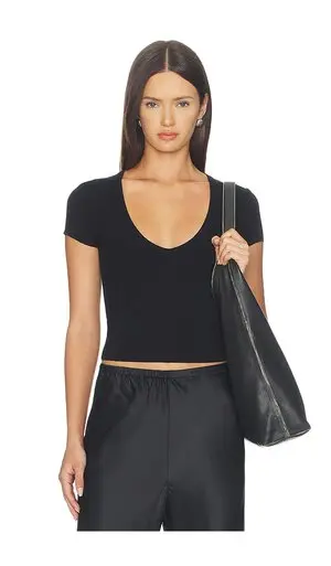 Eterne Short Sleeve V-neck Cropped Baby Tee - Black