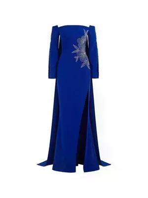 GATTINOLLI BY MARWAN Off-the-shoulder Gown With Floral Embroidery And Slit Sleeves - Blue