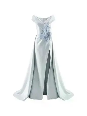 GATTINOLLI BY MARWAN Feather Embellished Off-shoulder Gown - Silver