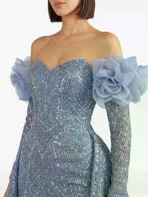 GATTINOLLI BY MARWAN Gattinoli Marwan Off-shoulder Sequin Gown With Floral Appliqu