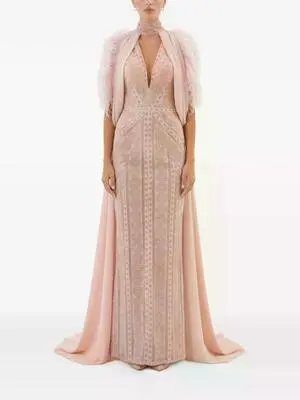 GATTINOLLI BY MARWAN Lace Feathered-trim Gown - Pink