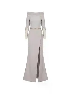 GATTINOLLI BY MARWAN Off-the-shoulder Mermaid Gown With Crystal Embellishments And Side Slit - Grey