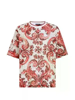 Dolce & Gabbana T-shirt In Majolica-print Broderie Anglaise Lace - Red