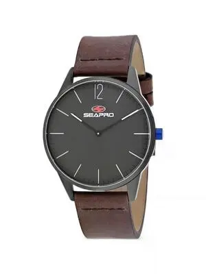 SEAPRO Round Face Quartz Watch With Brown Leather Strap - Black