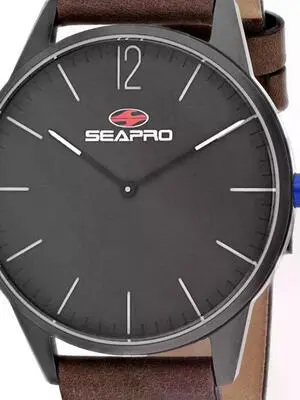 SEAPRO Round Face Quartz Watch With Brown Leather Strap