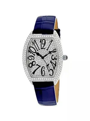 CHRISTIAN VAN SANT Tonneau Watch With Crystal Embellishments And Blue Leather Strap - Silver