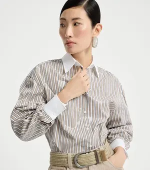 Brunello Cucinelli Striped Sequined Cotton Shirt - Beige