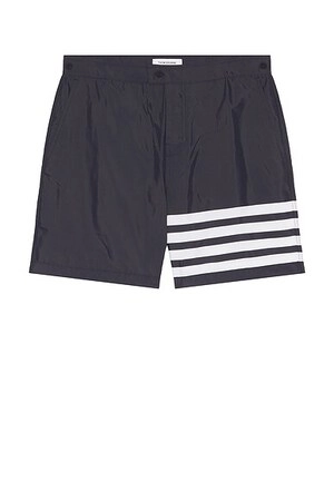 Thom Browne Button Front Board Shorts With Signature Stripes