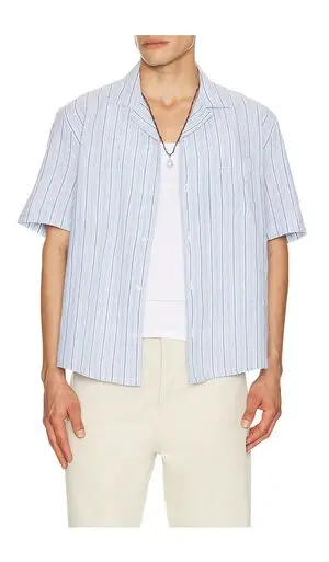 CORRIDOR Linen Broadstripe Short Sleeve Shirt In . Also - Blue