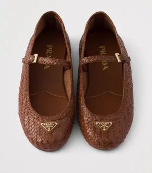 Prada Woven Leather Mary Jane Ballet Flats - Brown
