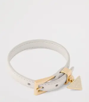 Prada Saffiano Leather Buckled Bracelet With Triangle Motif - Neutral