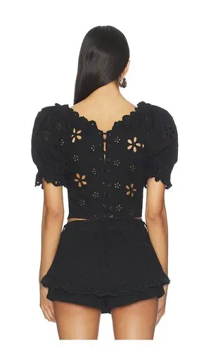 For Love & Lemons Yasmin Eyelet Denim Top - Black