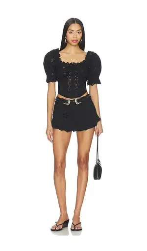 For Love & Lemons Yasmin Eyelet Denim Top - Black