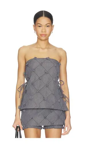 Line & Dot Strapless Top With Tonal Floral Detailing And Tie Details - Black,white
