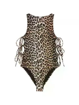 GANNI Leopard-print Lace-up Swimsuit - Neutrals