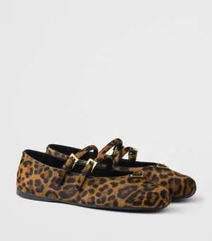 Prada Brushed Leather Leopard Print Ballet Flats With Buckled Straps - Neutral