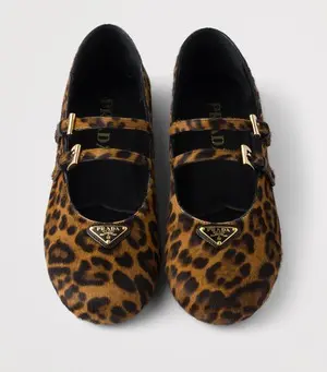 Prada Brushed Leather Leopard Print Ballet Flats With Buckled Straps - Neutral