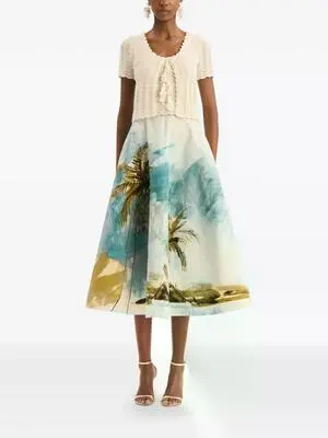 Oscar De La Renta Pointelle Knit Short Sleeve Cardigan With Scallop Trim - Neutrals