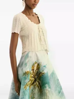 Oscar De La Renta Pointelle Knit Short Sleeve Cardigan With Scallop Trim - Neutrals