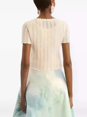 Oscar De La Renta Pointelle Knit Short Sleeve Cardigan With Scallop Trim - Neutrals