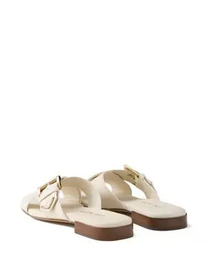 Prada Leather Criss-cross Buckle Flat Slides - Neutrals