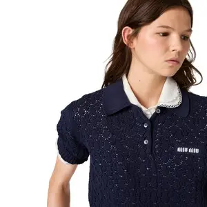 Miu Miu Cotton Open-work Knit Polo Shirt - Navy