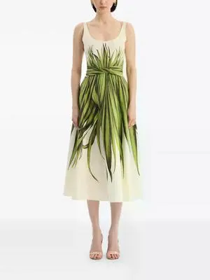 Oscar De La Renta Cotton Poplin Palm Print Dress - Neutrals