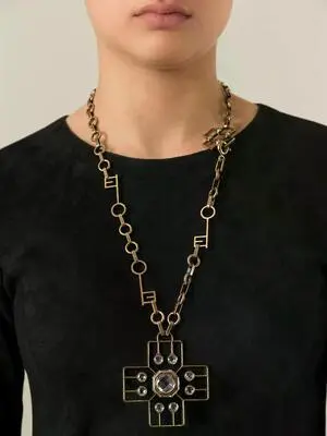 LANVIN Gold Brass Cross Pendant Necklace With Stone Embellishments