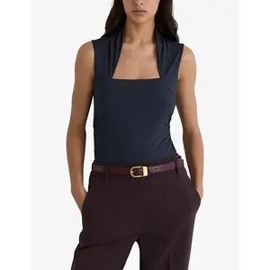 REISS Harri Square Neck Ruched Sleeveless Top - Navy