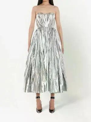 Alexander McQueen Metallic Finish Pleated Bustier Midi Dress