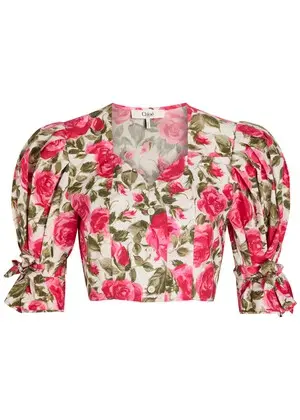 Chloé Floral-print Cotton-poplin Cropped Blouse With Puff Sleeves - Pink