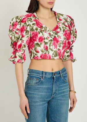 Chloé Floral-print Cotton-poplin Cropped Blouse With Puff Sleeves - Pink