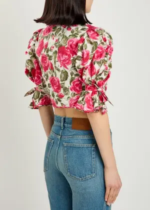Chloé Floral-print Cotton-poplin Cropped Blouse With Puff Sleeves - Pink