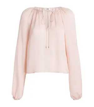 FRAME Silk Gathered Neckline Balloon Sleeve Blouse - Pink