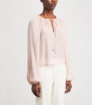 FRAME Silk Gathered Neckline Balloon Sleeve Blouse