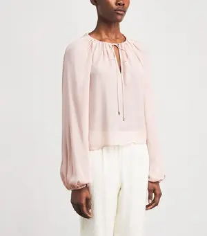 FRAME Silk Gathered Neckline Balloon Sleeve Blouse