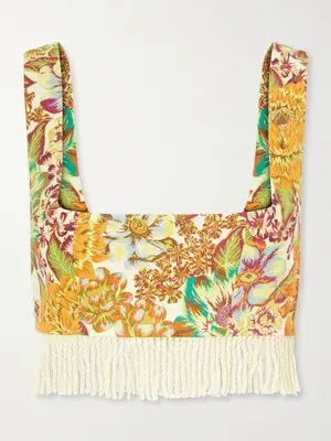 ALEMAIS Floral-print Linen Cropped Top With Fringe - Multi