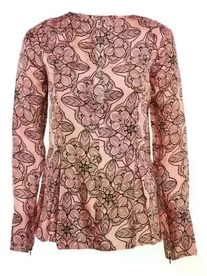 Marni Silk Floral Print Long Sleeve Crew Neck Top