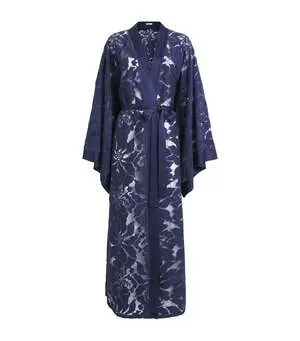 BOCAN Satin Lace-trim Clematis Robe - Navy
