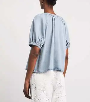 FRAME Scoop Neck Blouse With Gathered Detailing - Blue