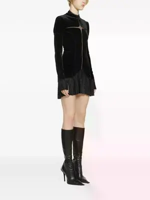 DAISY Velvet Pleated-skirt Mini Dress With High Neck And Long Sleeves