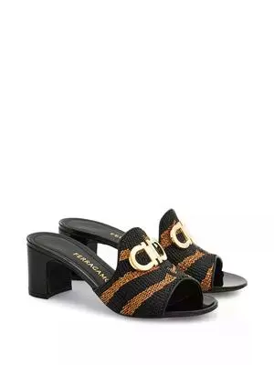 FERRAGAMO Gancini Ornament Mid-heel Raffia Slides