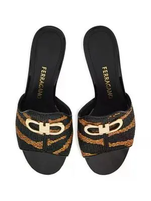 FERRAGAMO Gancini Ornament Mid-heel Raffia Slides