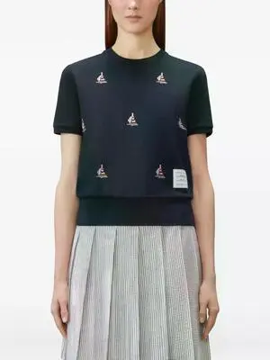 Thom Browne Embroidered Milano Rib T-shirt - Blue