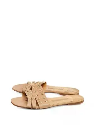 GINA Embellished Leather Slide Sandals With Stud Detailing - Neutrals