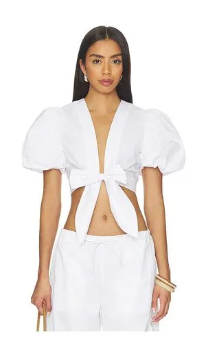 Susana Monaco Poplin Bubble Sleeve Tie Front Top - White
