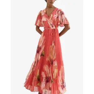 PHASE EIGHT Floral Print Pleated Maxi Dress - Orange