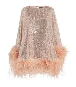 TALLER MARMO Sequinned Kaftan Mini Dress With Feather Trim - Gold