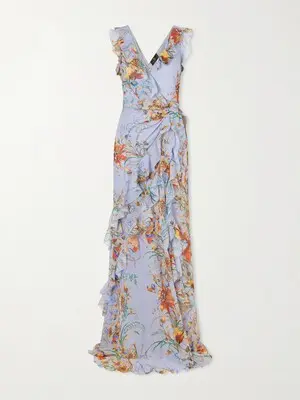 Etro Ruffled Tiered Paisley And Floral-print Satin Maxi Dress - Blue